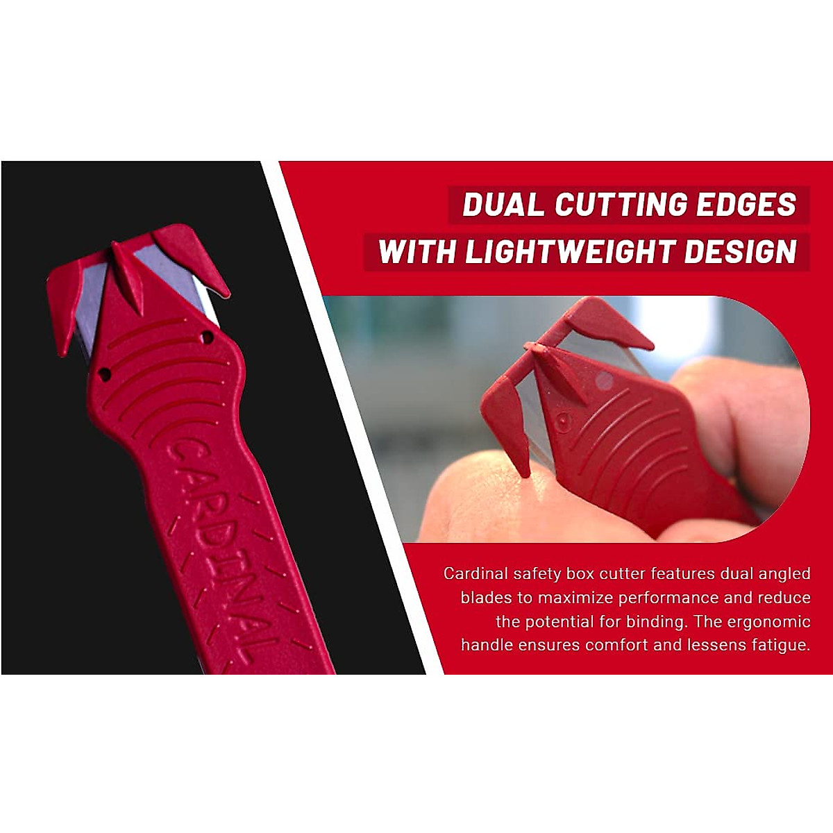 Cardinal Safety Box Cutter with Concealed Stainless Steel Blade, Package Opener Plastic Cutter for Box, Carton, Shrink Wrap, Plastic Straps (Red, Pack of 5)