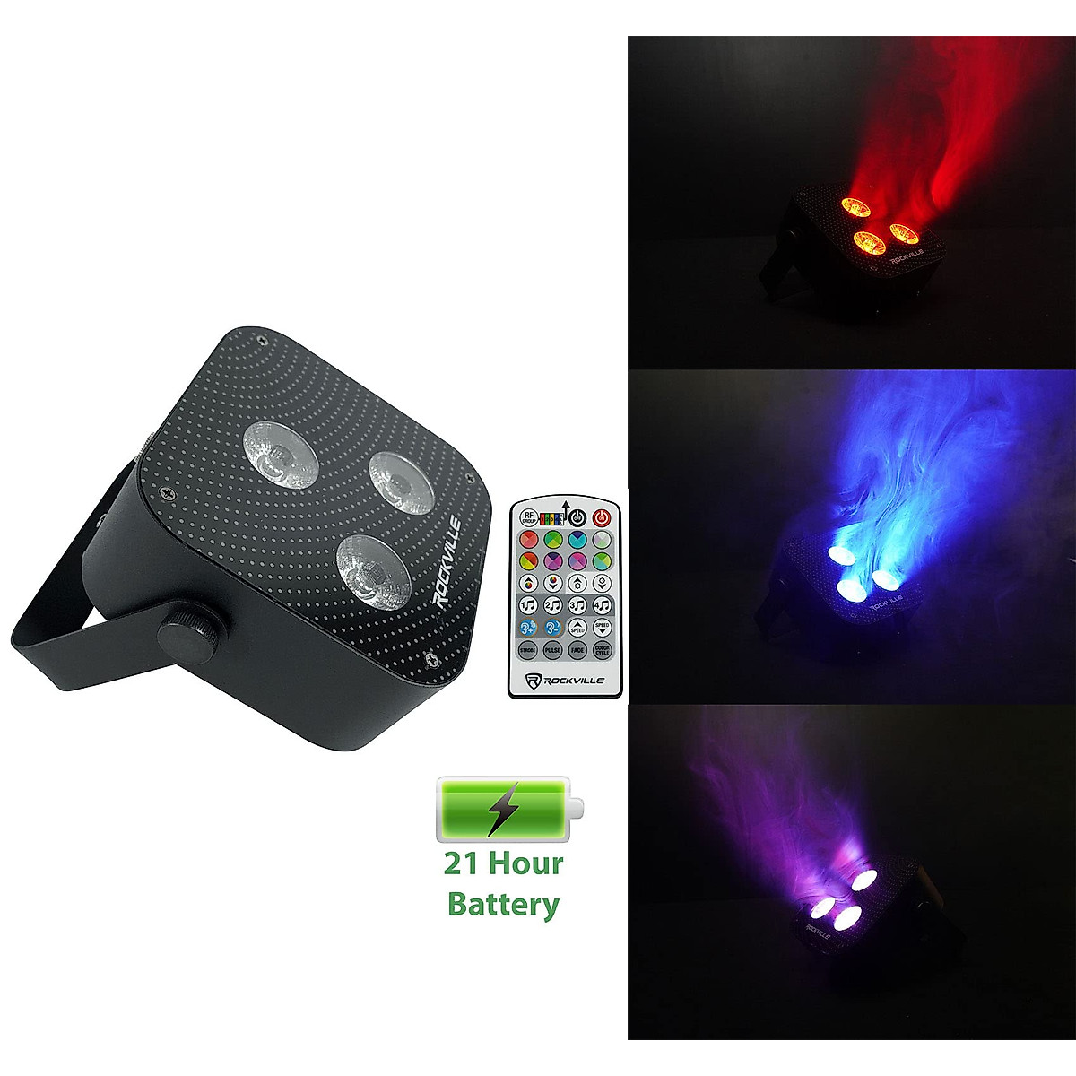 3 Rockville MINI RF3 Black RGBWA+UV DJ/Party LED Wash Lights+4-Ch. RF Par Remote