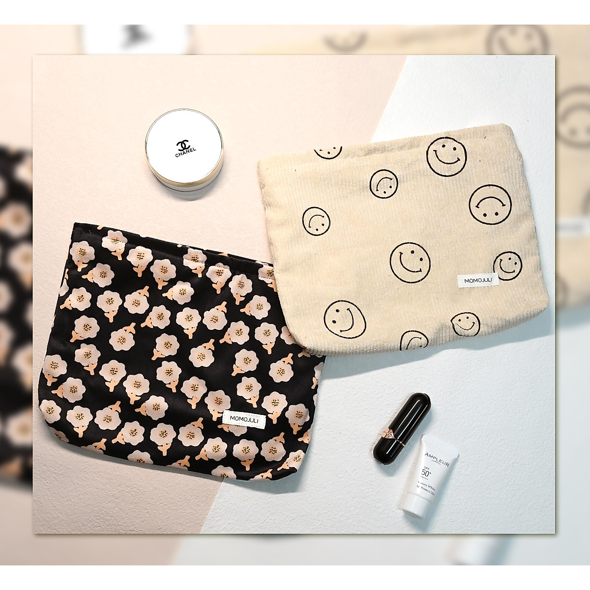 MOMOJULI Corduroy Makeup Bag Cosmestic Bag Large Capacity Ladies Women Aesthetic Make Up Organizer Accessories Zipper Pouch Purse （Beige+Black Flowers）