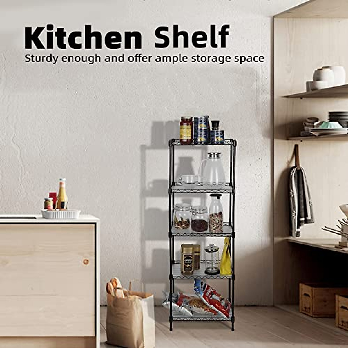 Guangfoshun 5-Tier Wire Shelving, 11.8x15.7x63in, Black - Heavy Duty Shelf - Kitchen Storage Shelves