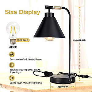 Industrial Black Bedroom Table Lamp, Dimmable Touch Control Bedside Lamp with 2 USB Charging Ports and AC Outlet, Nightstand Reading Lamp with Metal Flexible Head for Living Room Office, Bulb Included