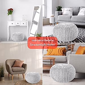 ELYFLAIR® Pouf Ottoman Hand Knitted – Elegant and Simple Knitted Pouf – Multipurpose Handmade Pouf Ottoman for Bedroom, Living Room – Comfortable Cotton Ottoman Foot Rest (White, 17,7⌀ inches)