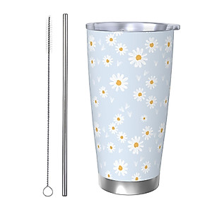 CHASOEA Daisy Flowers Tumbler 20oz Floral Stainless Steel Vacuum Insulated Tumblers with Lid and Straw Blue Travel Coffee Mug Tea Wine Cups Water Bottle Gifts for Women