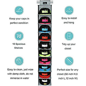 VAESIDA Hat Rack Hanging Closet - 10 Shelf Hanging Hats Organizer for Hat Storage - Best Hat Rack & Baseball Cap Holder, Gray