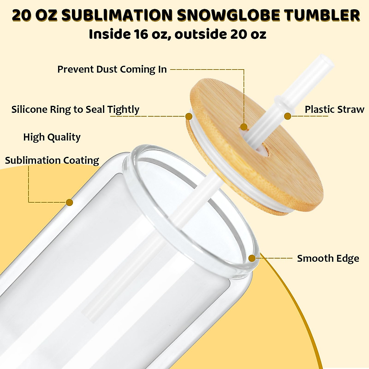 Maucircol 20 Oz Snow Globe Tumbler, 4 Pack Pre-Drilled Sublimation Glass Cup For Glitter Snow Globe Diy, Double Wall Sublimation Glass Tumbler