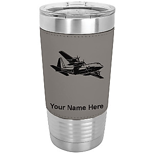 LaserGram 20oz Vacuum Insulated Tumbler Mug, Cargo Airplane, Personalized Engraving Included (Faux Leather, Gray)