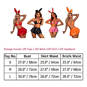 Rave Outfits for Women Halloween Music Festival Bunny Cosplay Costume Shiny PU Leather Bra Mini Skater Skirt Headband Set Bikini Swimwear Sexy Lingerie Teddy Bodysuit Dance Party Clubwear Black S