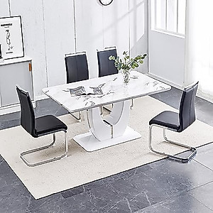 Pvillez 63" Marble Dining Table Set for 4, Modern 5 Piece Dining Set, White Faux Marble Imitation Kitchen Dining Room Table with U-Shaped Pedestal Base & 4 PU Leather Upholstered Dining Chairs