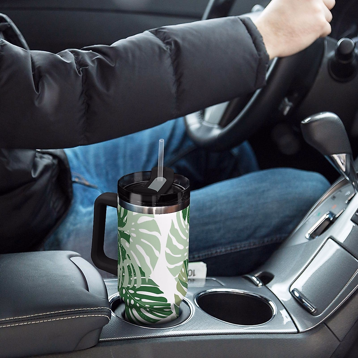 Yasala Car Tumbler with Handle Botanical Palm Leaves Travel Mug Coffee Cup Insulated Beverage Container Mega Cup for Hot Cold Drinking Thermos Water Bottle Cupholder Friendly 40 oz