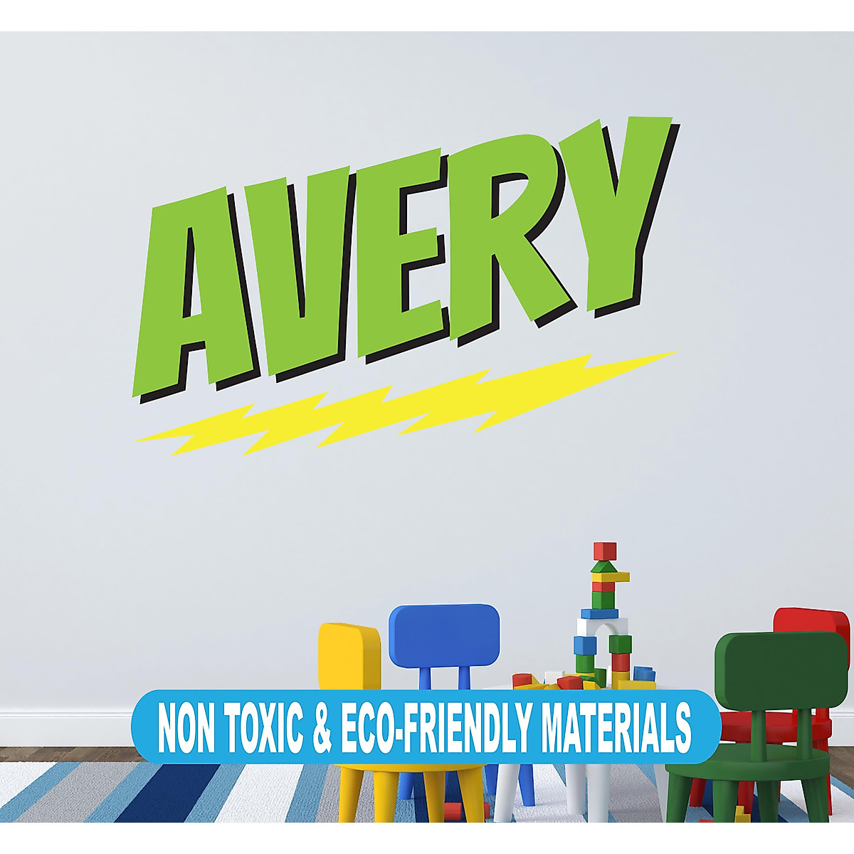 Custom Name Superhero Wall Decal - Superhero Name with Lightning Bolt Sticker - Personalized Superhero Name Wall Sticker - Superheroes Nursery Wall Decor - Wall Decal For Nursery bedroom Decoration (Mini Wide 15"x9")