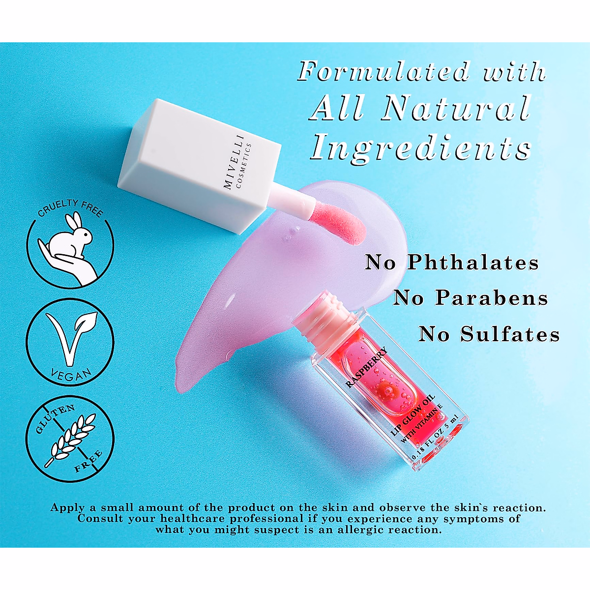 MIVELLI Lip Glow Oil Tinted Lip Oil Moisturizing, Hydrating, Non-Sticky Lip Stain, Gift, Plumping Lip Gloss for Dry Lips with Fruit Extract (Raspberry Tinted With Stain)