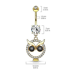 Amelia Fashion 14GA Crystal Paved Black Eyed Owl Dangle Belly Button/Navel Ring 316L Surgical Steel (Choose Color) (Rose Gold/Clear)