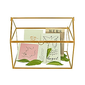 YIMORENCE V Gold Wedding Glass Card Box – Large Wedding Card Holder Gold Handmade Brass Vintage House Shape with Lid (House Gold)