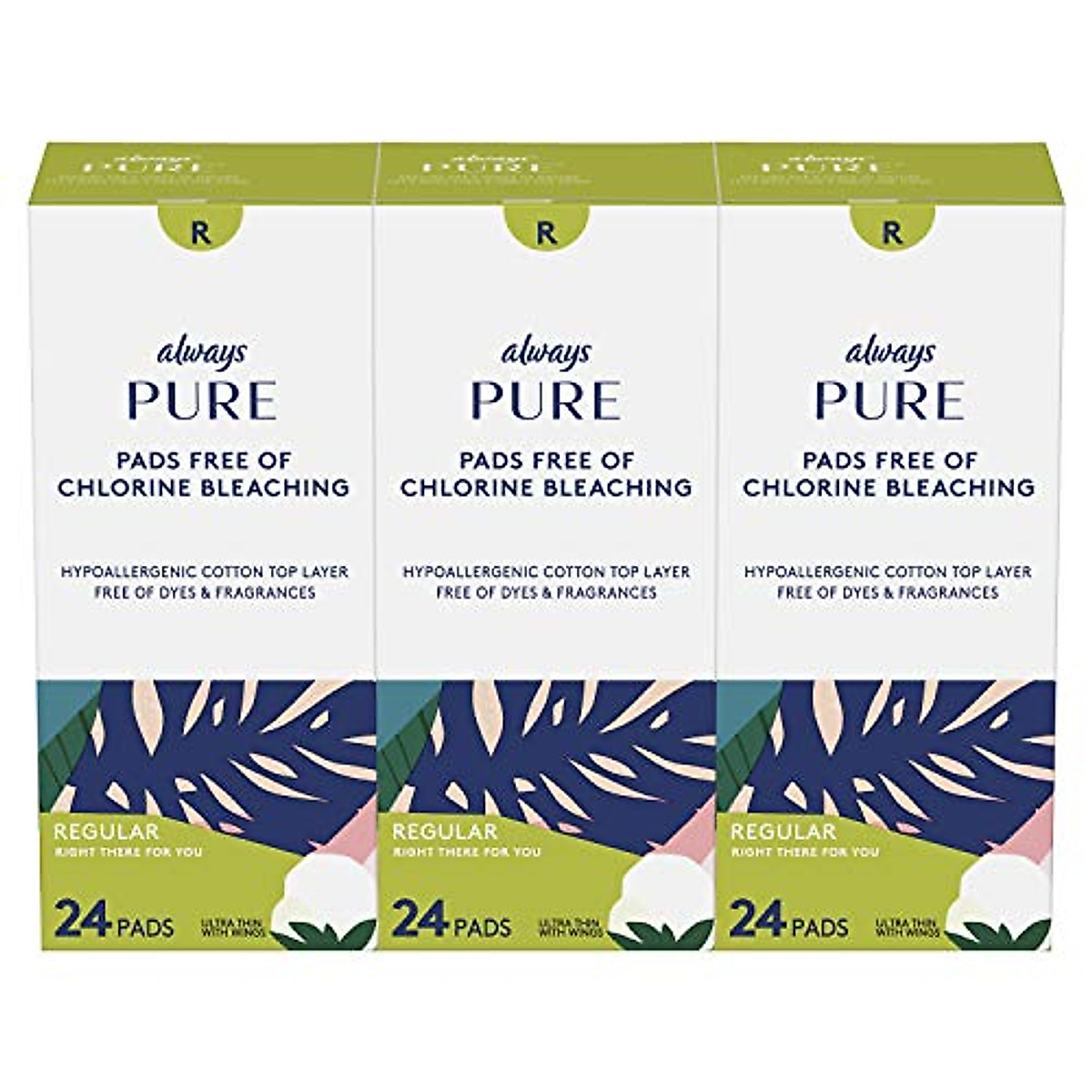 Always Pure Ultra Thin Regular Pads with Wings, 72 Count, Unscented (3 Packs of 24 - 72 Count Total)