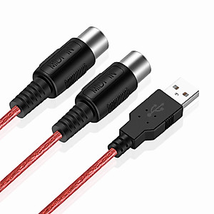 TNP Midi to USB Cable Interface Converter - IN OUT Midi Cable Host Adapter Plug Controller Wire Cord For Keyboard Synthesizer Device to Mac Pc Computer Laptop iPad iPhone Music Studio (Red 6 FT)