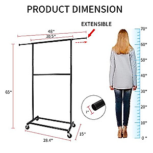 Fishat Simple Standard Double Rod Rolling Clothing Garment Rack for Hanging Clothes, Metal Clothes Organizer with Lockable Wheels (Black)