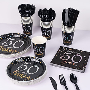 DECORLIFE 50th Birthday Plates and Napkins Serves 24, 50th Birthday Decorations for Men or Women, Cups, Knives, Forks, Spoons Included, Total 168pcs