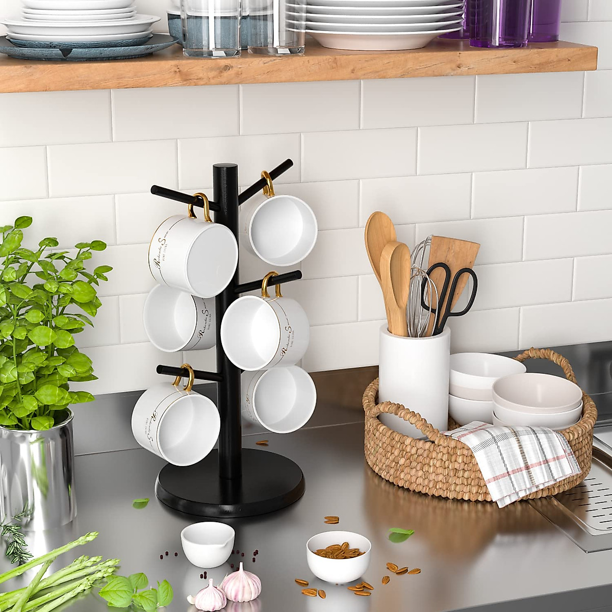 Wisuce Coffee Mug Holder, Black Bamboo Mug Tree with Thicker Base Coffee Cup Stand Mug Holders for Counter Coffee Mug Rack Organizer with 6 Hooks