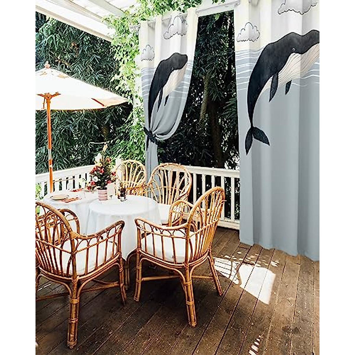 Waterproof Outdoor Curtains for Patio, Cartoon Whale Under the Sea and Clouds Weatherproof Privacy Outdoor Drapes, Grommet Top Outside Curtains for Gazebo Porch Pergola Cabana, 52x108 Inch