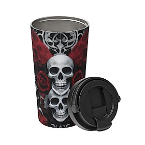 Insulated Coffee Mug Skull Floral 17oz Double Wall Vacuum Stainless Steel Tumbler With Leak-Proof Lid And Handle, Cute Travel Thermos Mug For Cold Hot Drinks