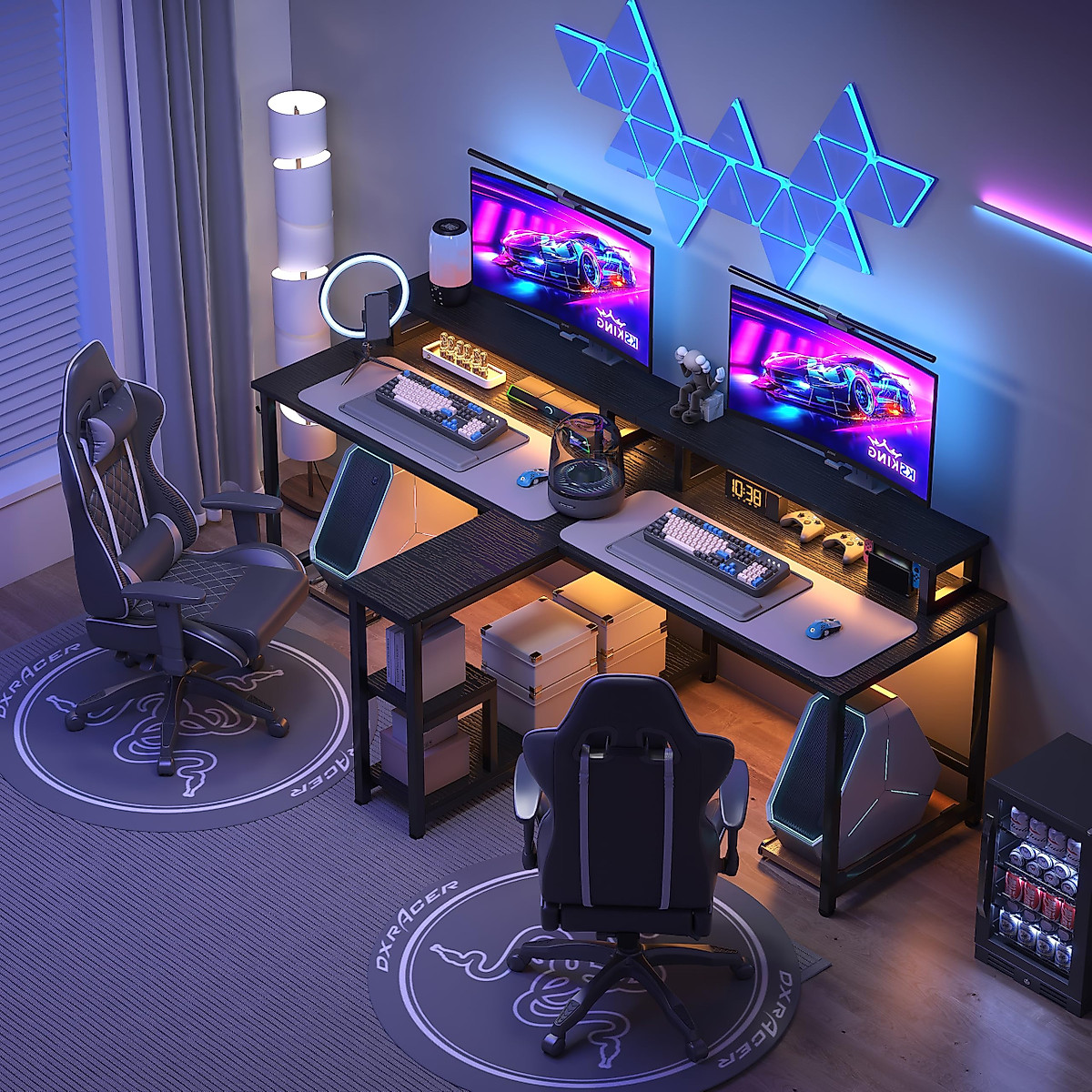 Mexin Home Office Desk-83.7 Inch 2 Person Desk with Storage Shelves and Power Outlets, Double Desk with Monitor Stand, Computer Gaming Desk, Large Work Desk, Black