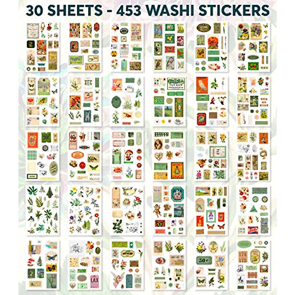 FAYWARE Washi Vintage Stickers for Scrapbooking - Ephemera Sticker Book for Journaling with 453 Botanical Stickers and 20 Scrapbook Papers. Ephemera for Junk Journals, Journaling Supplies for Adults