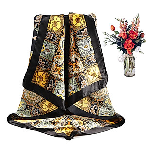 CHLINS 35" Satin Square Hair Scarf Bandanas - 3Pcs Large Silk Head Scarves Lightweight Satin Hair Kerchief Sleeping Hair Wraps for Women (Blue+Black+Beige)