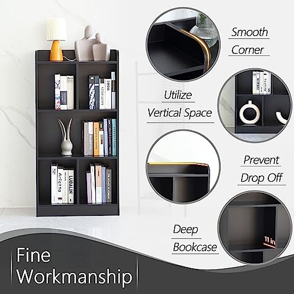 COMUHOME 3-Tier Book Shelf with Back Panel, Stability and Durable 5 Cube Bookcase,Multifunctional Cube Storage Organizer for Bedroom,Living Room,Office,Closet,School in Black with 23.62''W