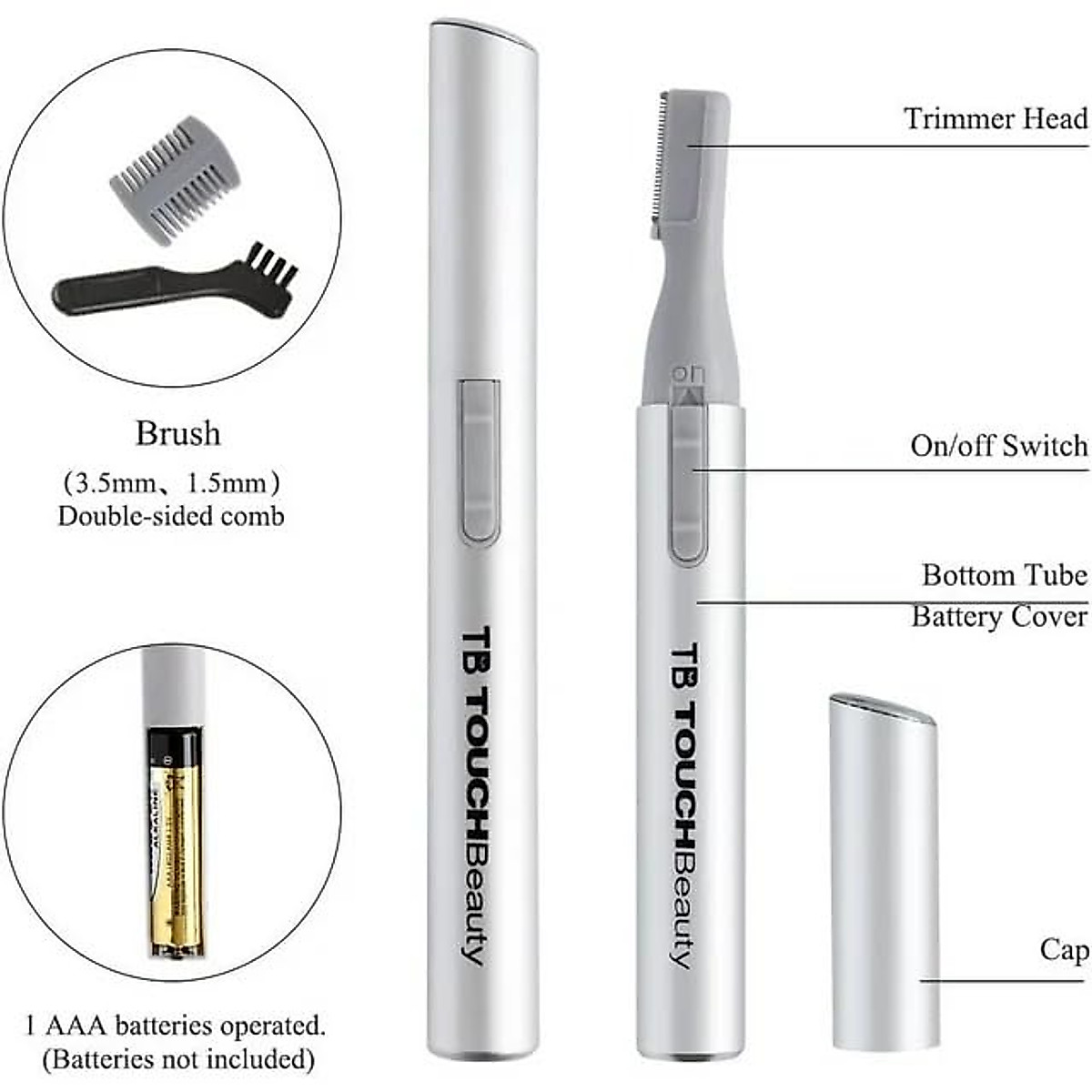 Touch Beauty Electric Facial Hair Trimmer Pen (Grey), with Eyebrow Touch-Up Set & Microblade