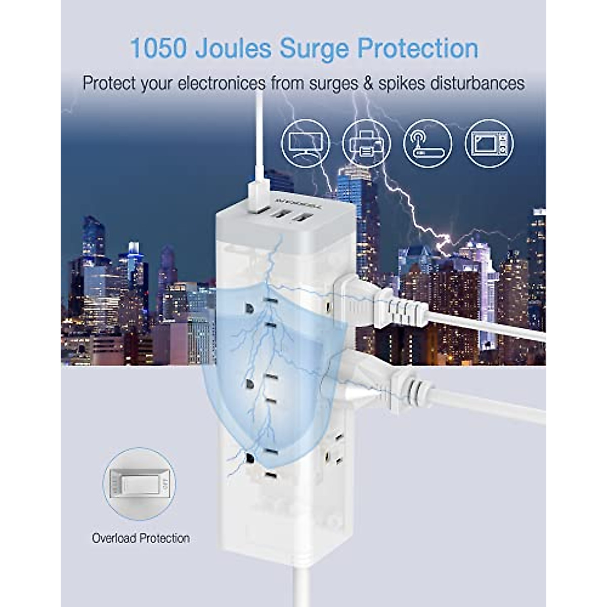 TESSAN Flat Plug Long Extension Cord 15 Ft, Surge Protector Power Strip with 9 Outlets 3 USB Ports, Desktop Multi Outlets Charging Station, Wall Mount for Home, Office, Dorm Room Essentials, Grey