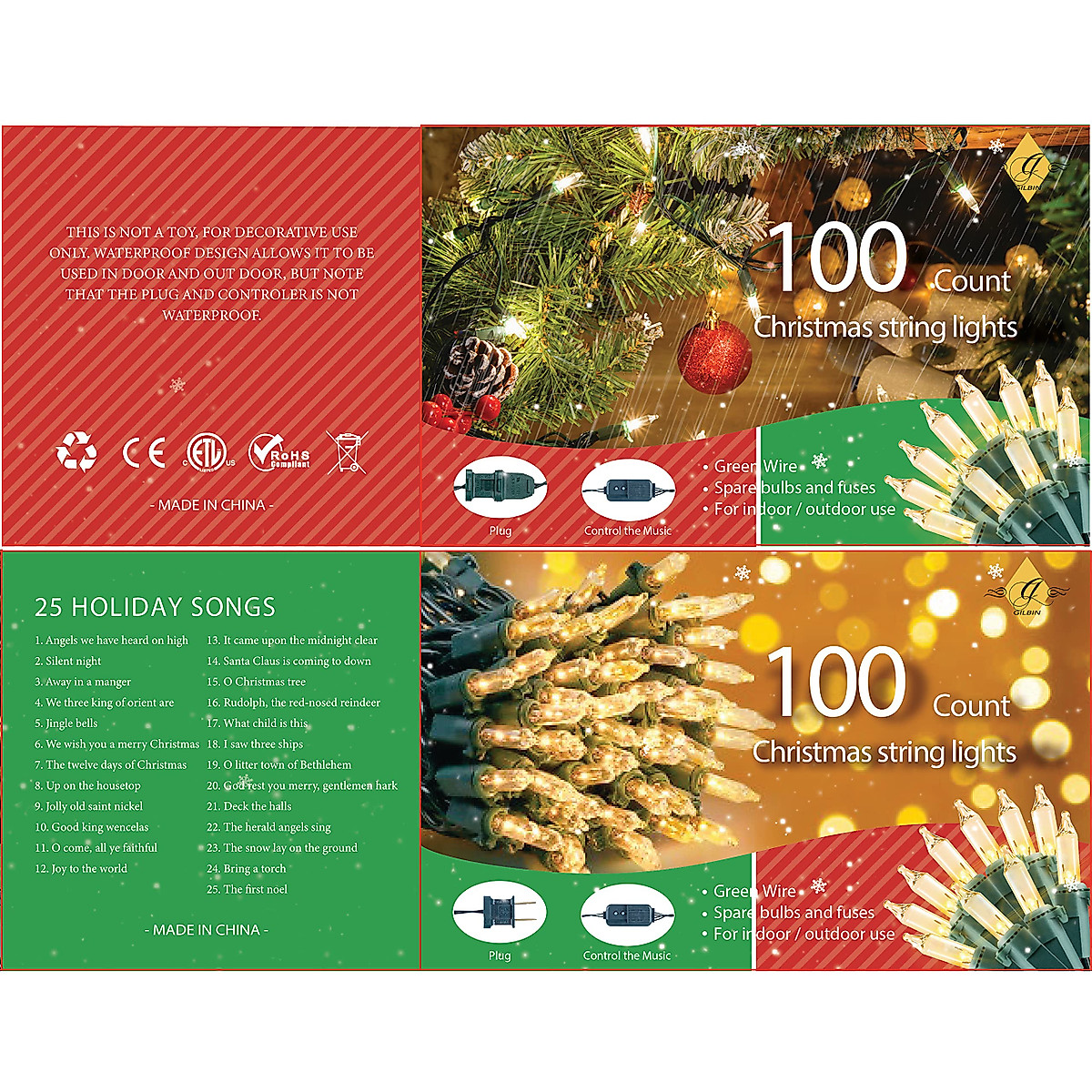 Indoor/Outdoor Multi-Color Musical Christmas Lights - Plays 25 Classical Holiday Songs - 8 Function Chaser - Green Wire - 26 Ft Wire Length, 2" Space Between Bulbs