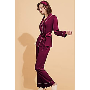 SWOMOG Womens Satin Pajamas Set Silk Long Sleeve Pjs Set V-Neck Robe and Pants Sleepwear S-XXL