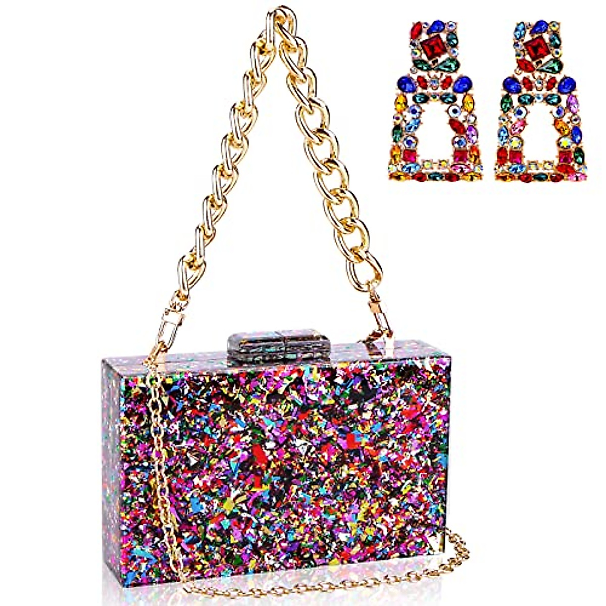 BOBOKA Acrylic Clutch Purses with Rhinestone Rectangle Dangle Earrings Glitter Purse for Women Multicolor Perspex Geometric Patterns Banquet Evening Bag Shoulder Crossbody Handbags