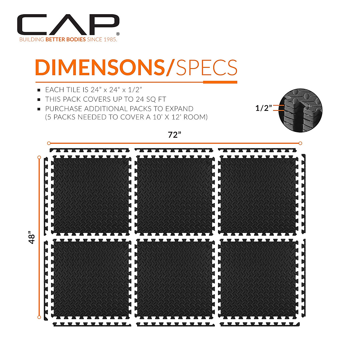 CAP Puzzle Exercise Mat 24" x 24" x 1/2", 6 pieces