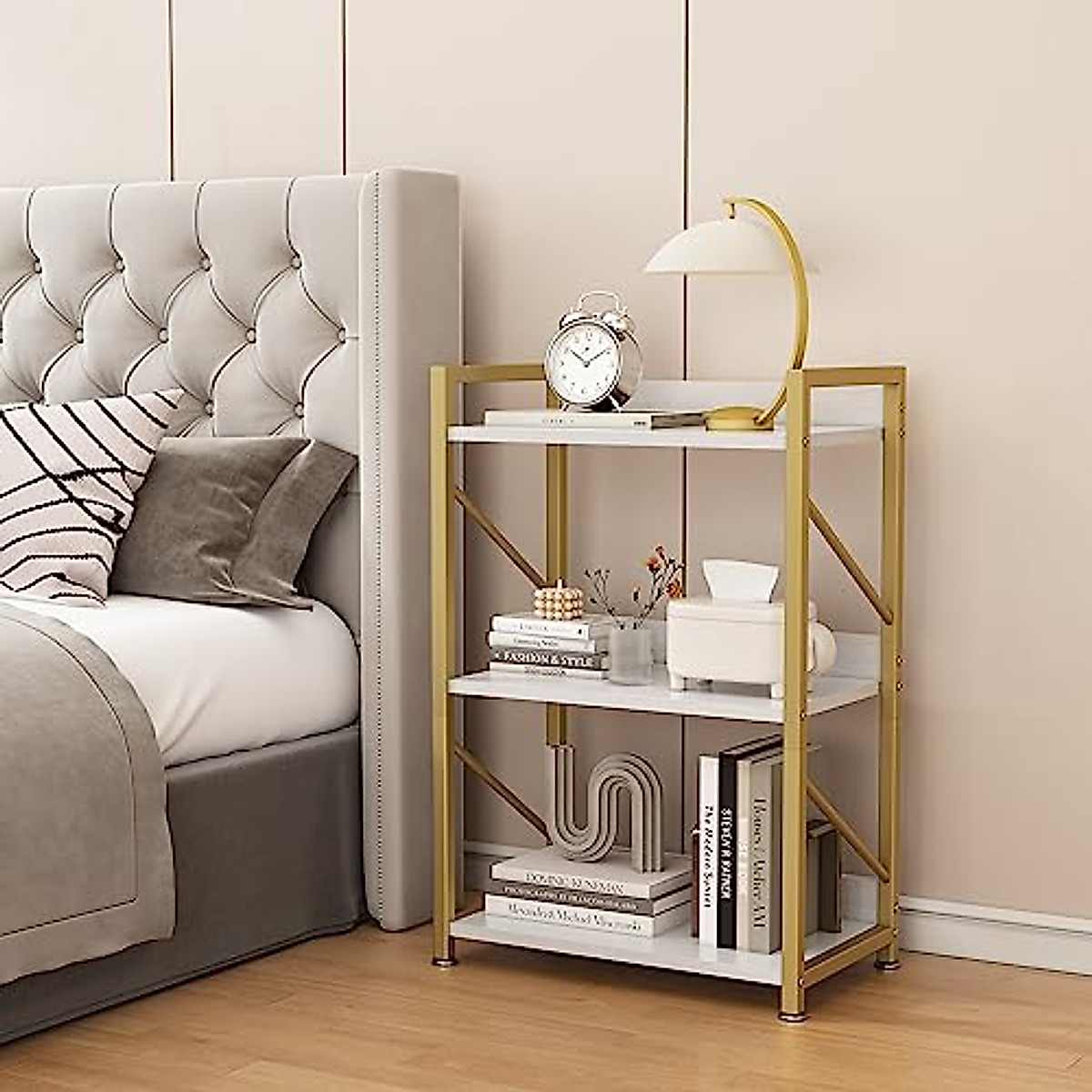 FUTRWORE Small Bookshelf for Small Spaces, 3 Tier Bookcase, Narrow Gold Book Shelf, Small Shelf Open Display Rack for Bedroom, Living Room, Home Office,White&Gold