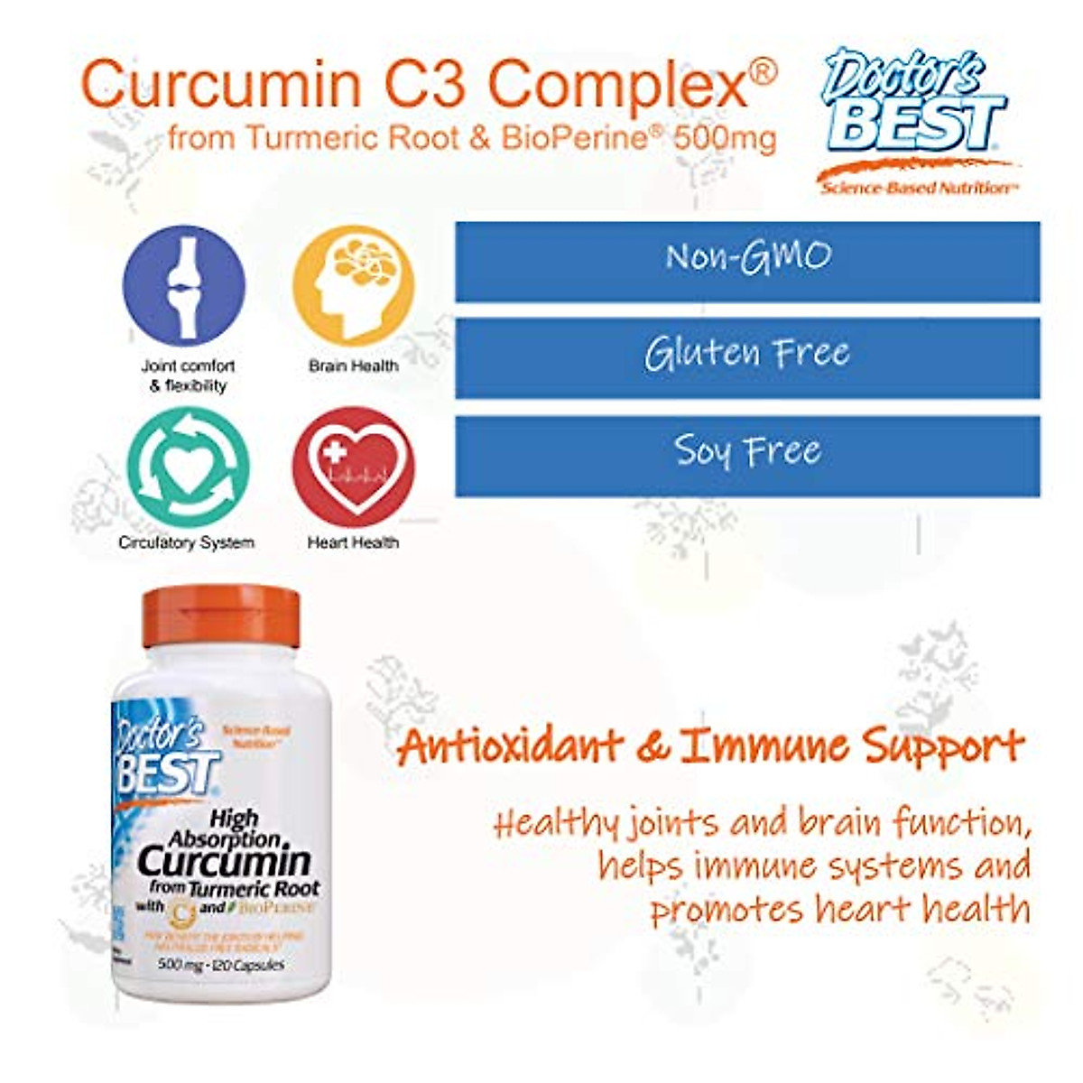 Doctor's Best DRB-00107 High Absorption Curcumin From Turmeric Root with C3 Complex & BioPerine 500mg (120 Capsules)