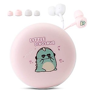 QearFun Cute Earbuds for Kids, Kid Size Cute Earbud with Microphone for Girls & Boys, Soft Dinosaur in-Ear Headphones Wired Gift for School with Lovely Earphones Storage Case