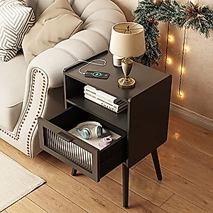 SOOWERY Mid Century Modern Nightstand with Charging Station, Bedside Tables with Glass Drawer, End Table Side Table with 2 Tiers Storage Space, for Bedroom, Living Room, Black