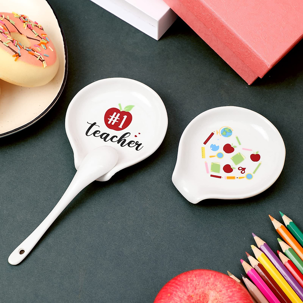 Teacher Gifts Spoon Rest Set of 2 Christmas Gifts Ceramic Spoon Holder for Women Coffee Bar Kitchen Counter Teacher Birthday Teacher Appreciation Week Housewarming Thanksgiving Present