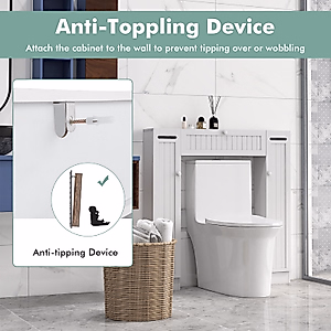 Tangkula Over The Toilet Storage Cabinet, Bathroom Space Saver w/Adjustable Shelves & Paper Holder, Freestanding above Toilet Organizer w/ 2 Side & Pull-Down Door for Bathroom Storage (White)