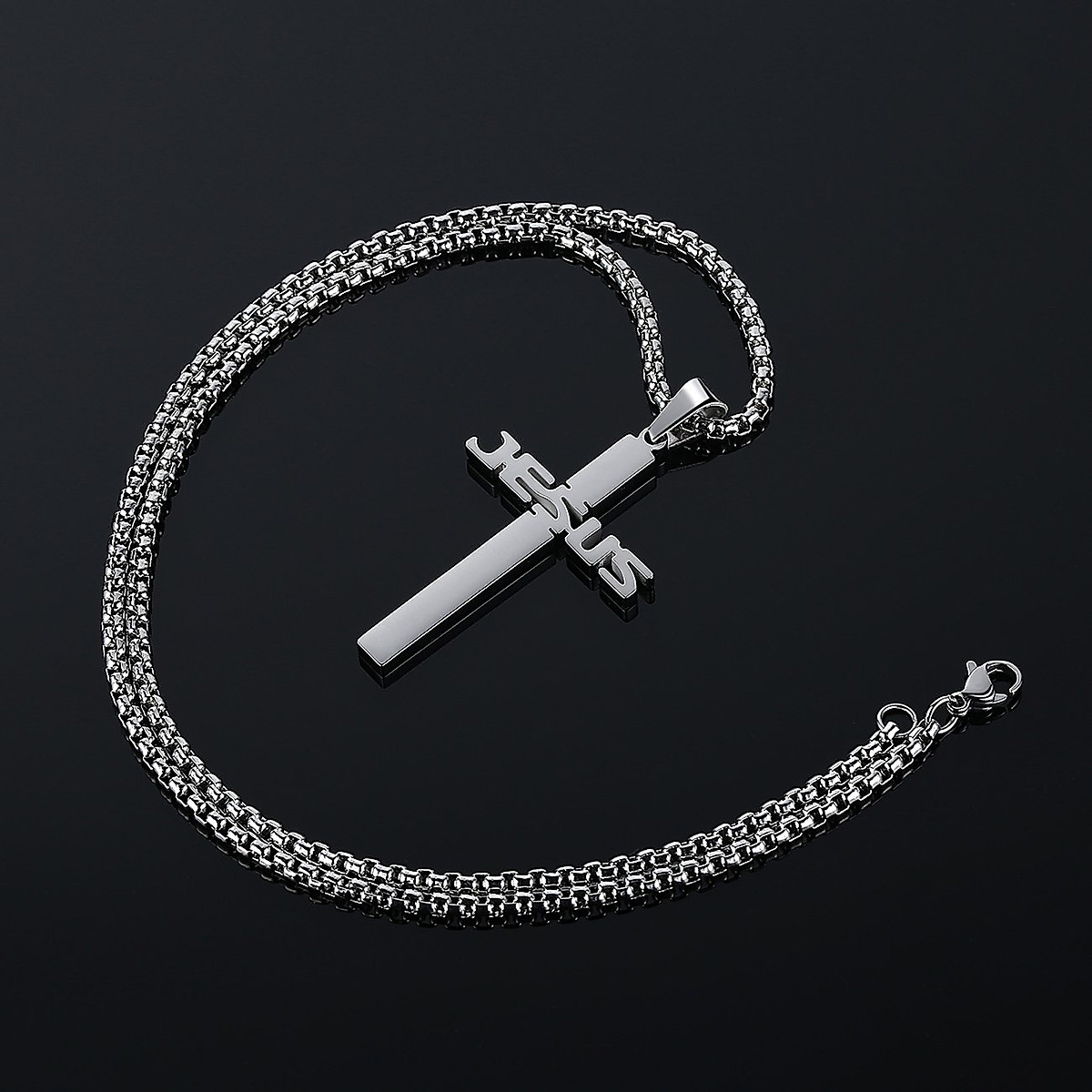 REVEMCN Stainless Steel Jesus Cross Pendant Necklace for Men Women 20-24 Inches Rolo Chain Christian Gifts for Men Faith