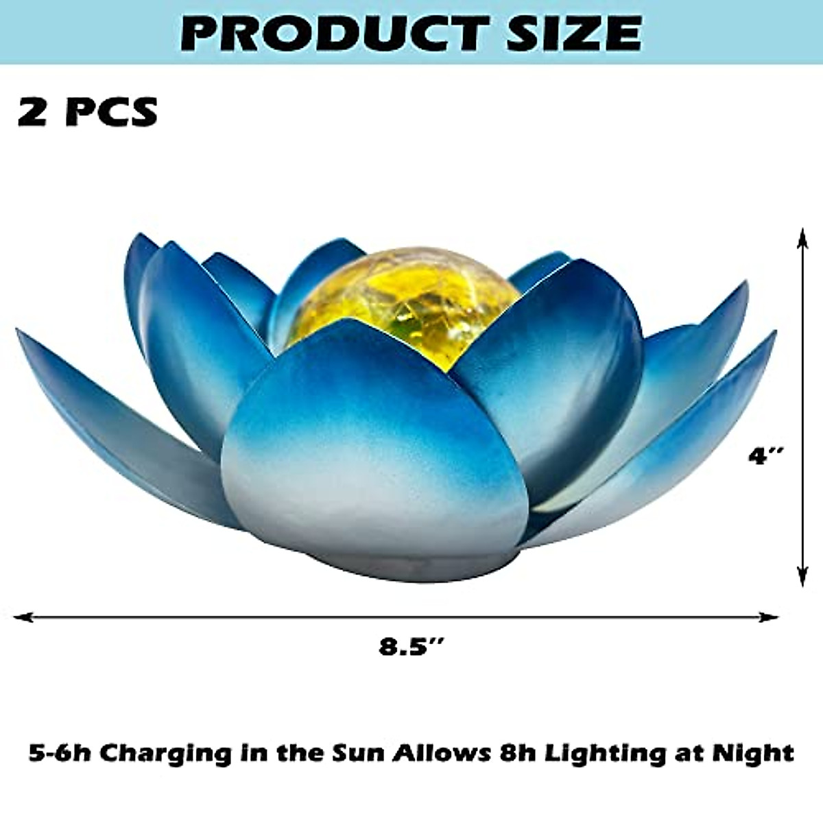 Montex 2 Pack Solar Lights Outdoor Garden Decor LED Crackle Globe Glass Metal Lotus Waterproof Metal Flower Lights for Patio,Lawn, Blue