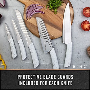 BINO 5-Piece Stainless Steel Kitchen Knives Set with Sheath - Speckled White | Chopping Knife | Serrated Utility Knife | Santoku Knife | Bread Knives | Cutting | Cooking | Meal Prep | Chefs Knife Set