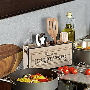 Noamus Kitchen Utensil Holder, 4 Compartment Wooden Cutlery Silverware Caddy, Rustic Flatware Organizers Countertop Decor with Handles, Cooking Tools Storage Box for Spoons, Knives, Forks