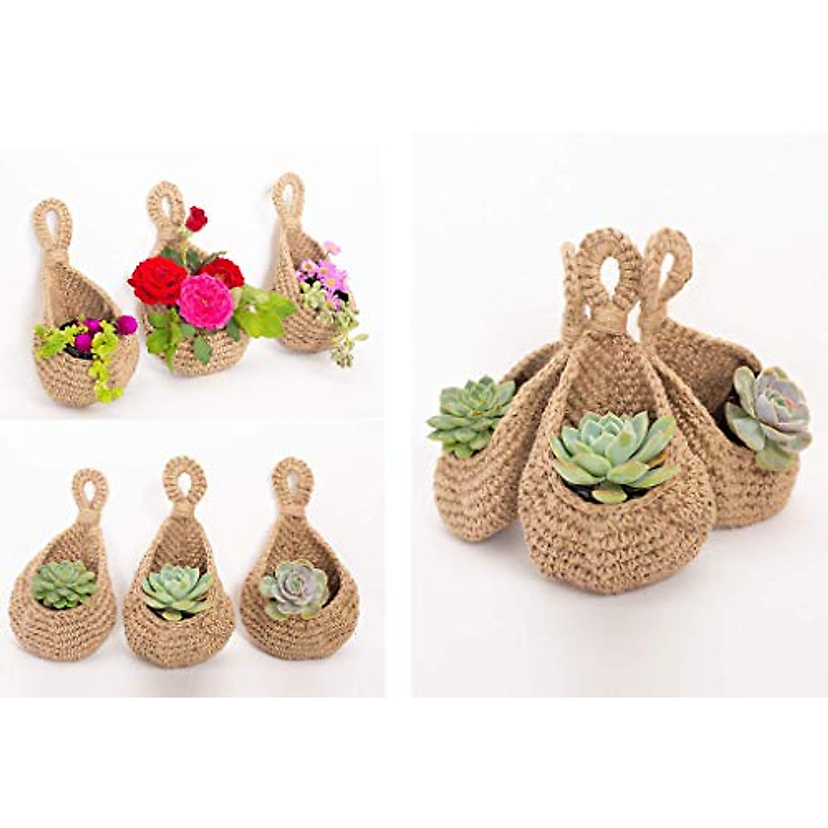 N?A Jute Hanging Basket Wall planters-Small Wall Planter, Teardrop Hanging Baskets for Plants Succulent Wall Decor, Hanging Herb Pot Holder 3 inch Outside Diameter for in/Outdoor Fence Planter