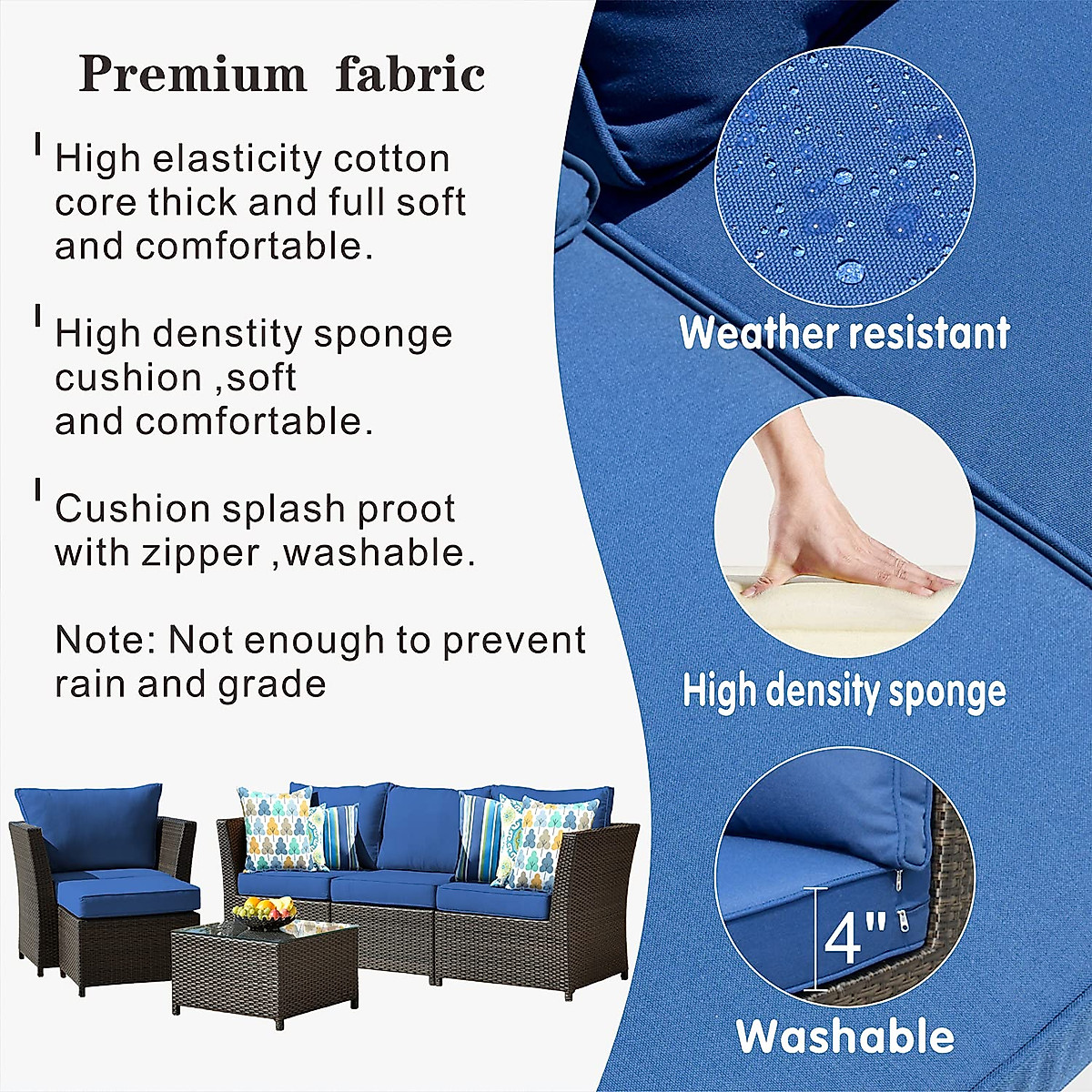 ovios Patio Furniture Set 6 Piece Fully Assembled Outdoor Furniture Conversation Set All Weather High Back Sofa Rattan Wicker Sectional Sofa Set for Yard Deck Porch (Navy Blue)