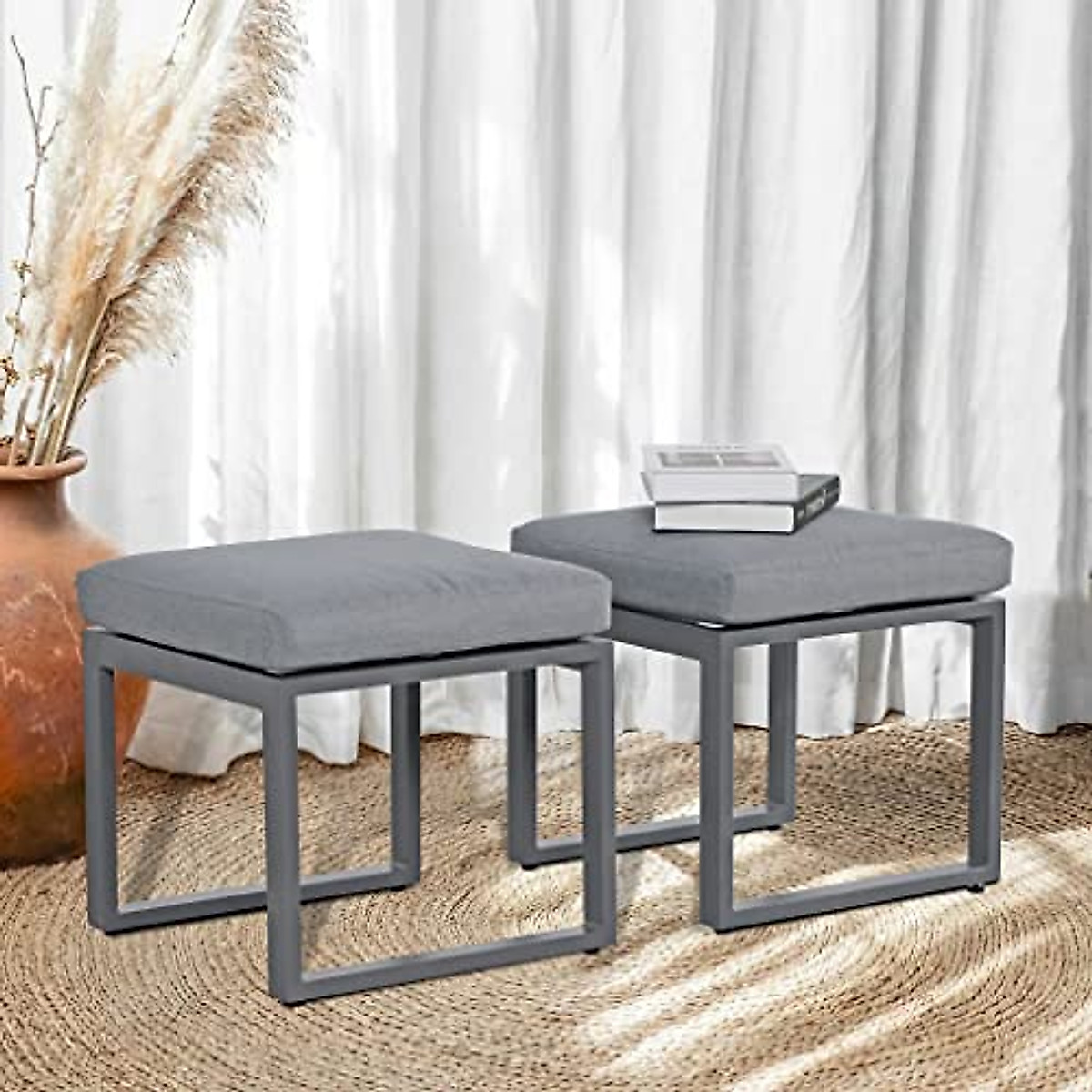 Soleil Jardin Outdoor Ottomans for Patio Set of 2, Assembled Aluminum Outdoor Footstool with Grey Cushions, Small Seat Furniture for Garden Yard Deck Poolside, Dark-Grey Frame