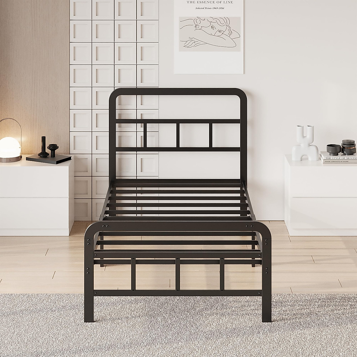 Lutown-Teen 12 Inch Twin Bed Frames with Headboard and Footboard, No Box Spring Needed, Heavy Duty Metal Mattress Foundation, Noise Free, Easy Assembly, Black