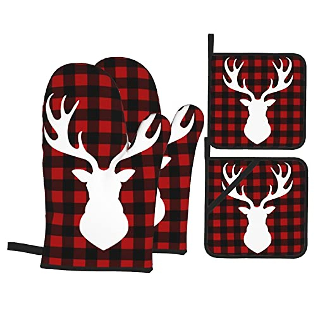 Deer Buffalo Plaid Christmas 4pcs Oven Mitts and Pot Holders Sets Kitchen High Heat Resistant Non Slip Oven Glove for Cooking BBQ Baking Grilling
