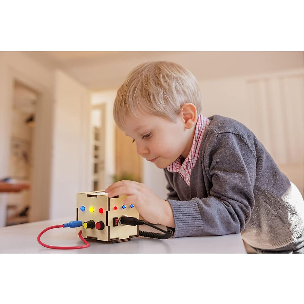 Montessori Busy Board Fidget Cube for Toddlers {Improved 2023 Version} Wooden Sensory Activity Cube Toys for Toddlers LED Light Up Buttons Pluggable Wires Baby Gifts Educational Learning Fidget Toy
